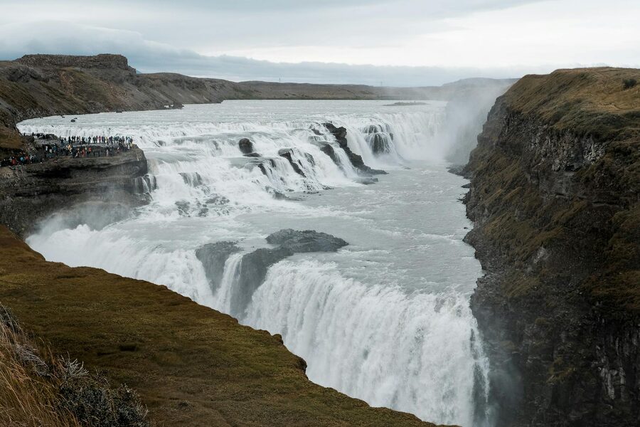 Gullfoss waterfall cascading into a deep canyon on the Golden Circle route Iceland