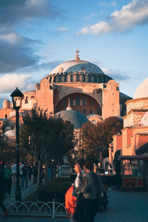 Breathtaking sunset view of Hagia Sophia from across the gardens