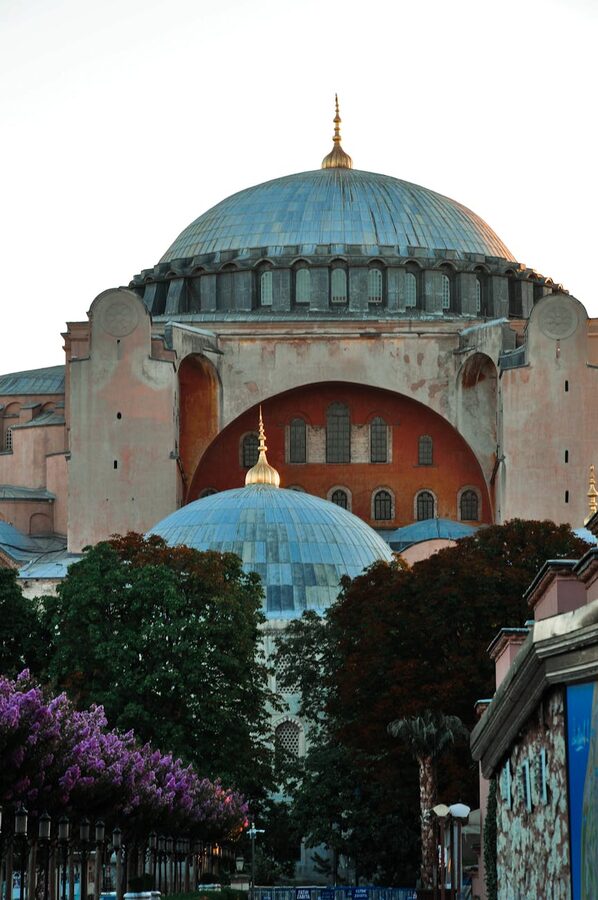 Hagia Sophia dome glowing during sunset in Istanbul
