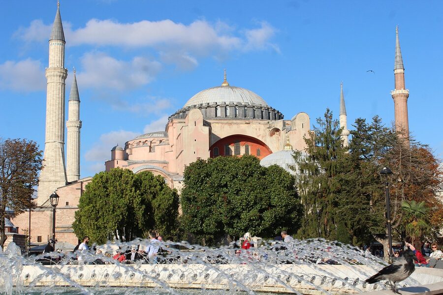 Hagia Sophia exterior with fountain and gardens in Istanbul