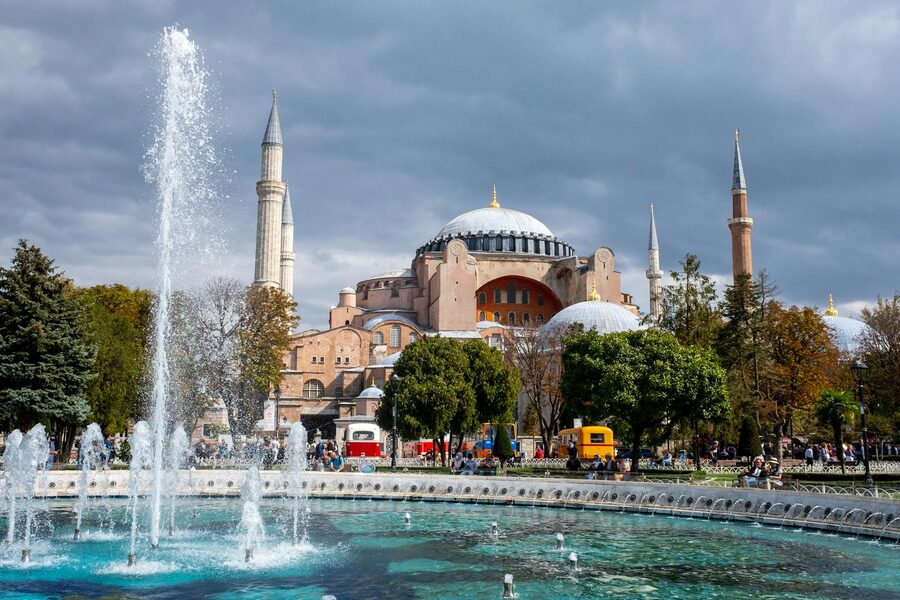Hagia Sophia Grand Mosque with fountain in the foreground in Istanbul