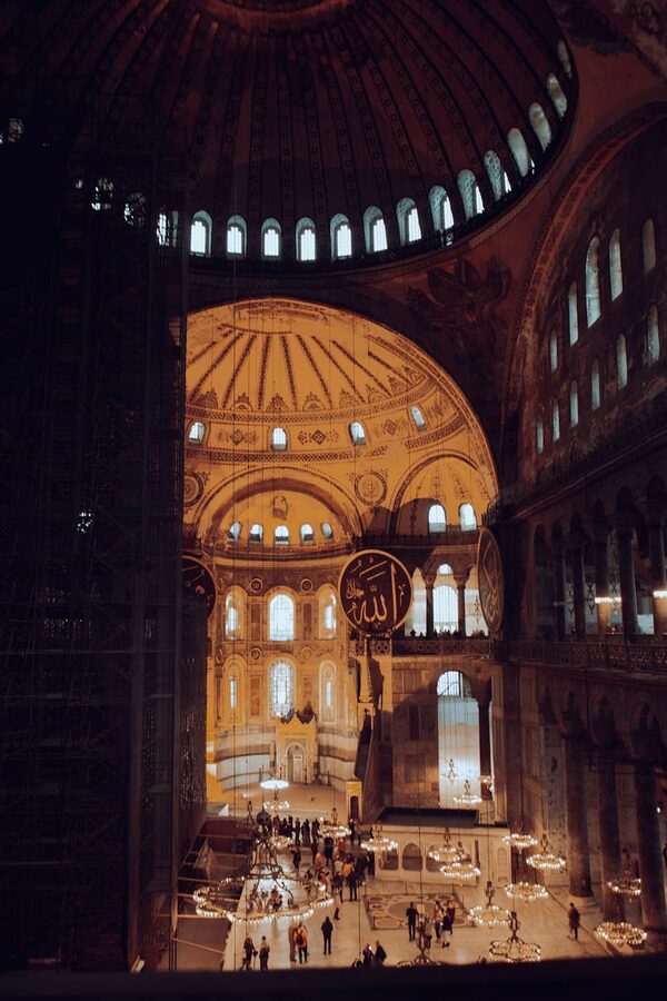 Grand interior view of Hagia Sophia showing its massive scale and architecture