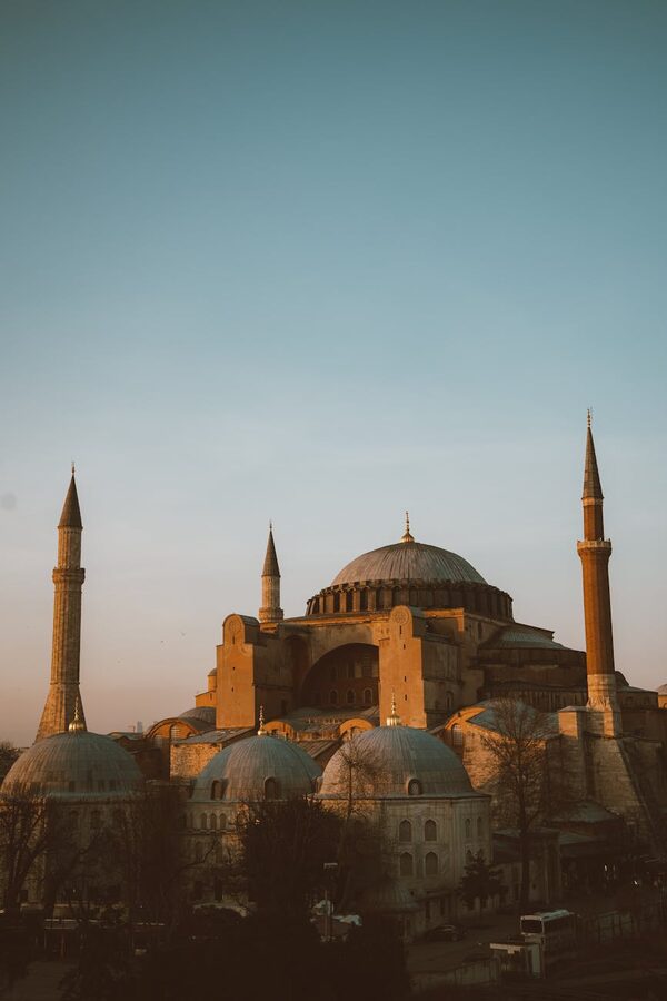 Hagia Sophia silhouetted against a twilight sky in Istanbul