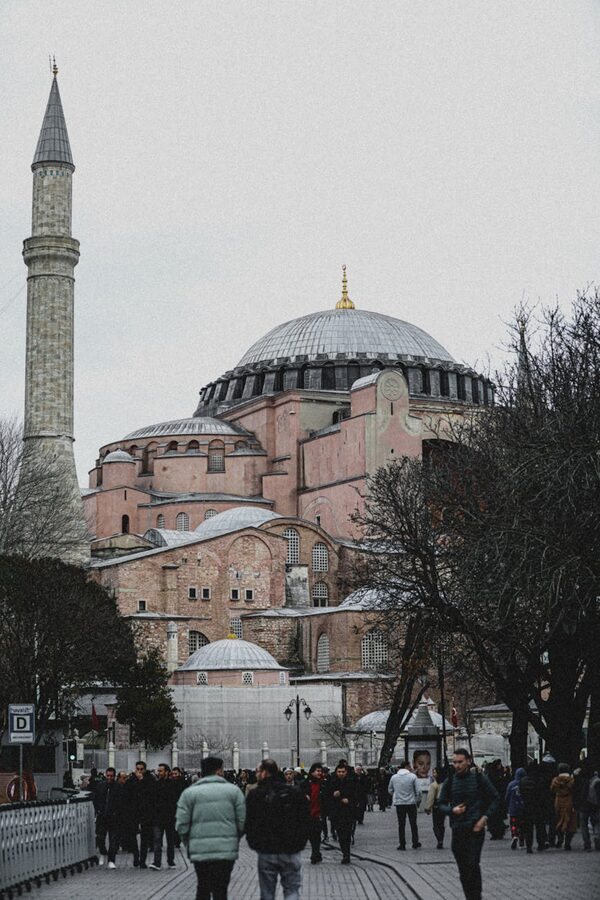 Crowds visiting Hagia Sophia on a winter day in Istanbul Turkey