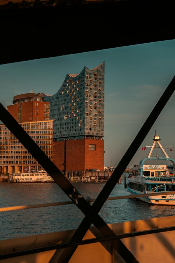 Elbphilharmonie and Hamburg port at golden hour with scenic waterfront
