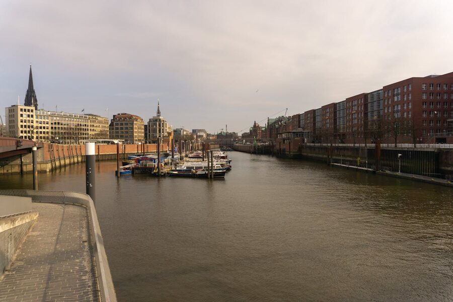 View of Hamburg port with modern architecture and calm waters