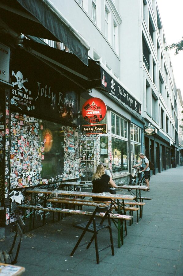 Atmospheric bar exterior on Grosse Freiheit street in Hamburg at night