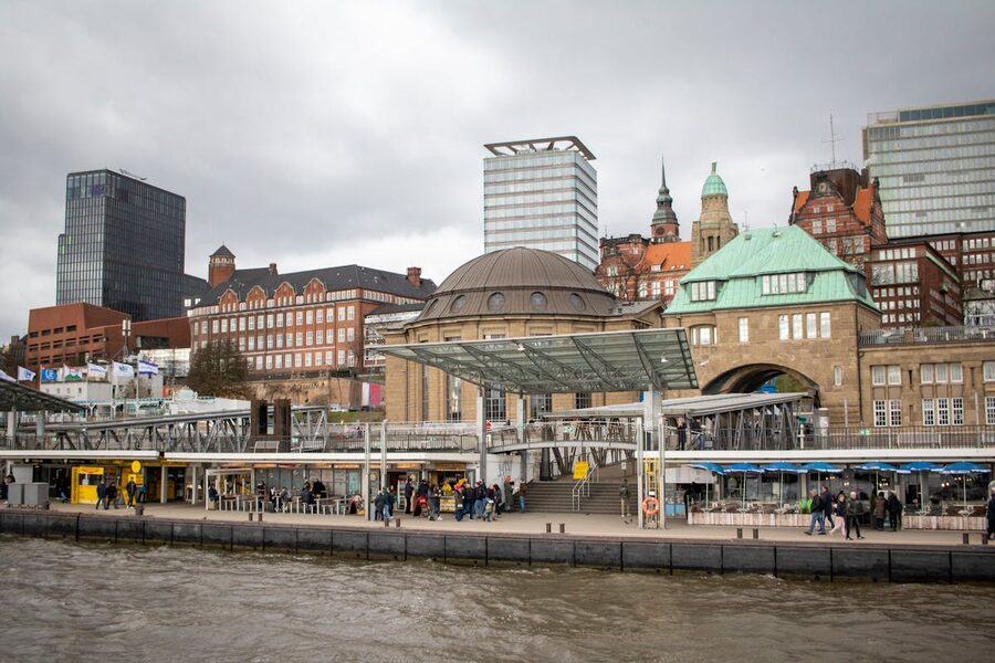 Historic Landungsbrücken pier buildings with modern architecture in Hamburg