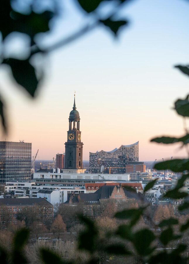 St. Michael's Church tower in Hamburg at sunset framed by foliage