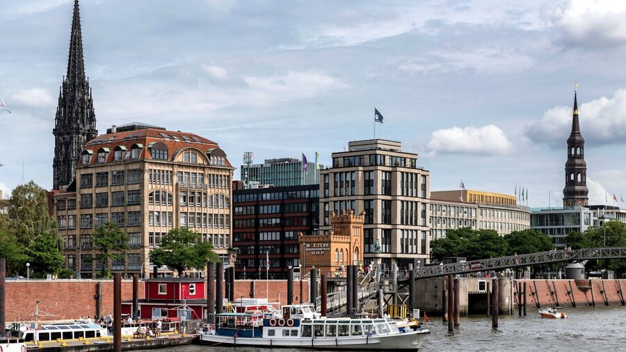 Hamburg skyline and harbor with boats