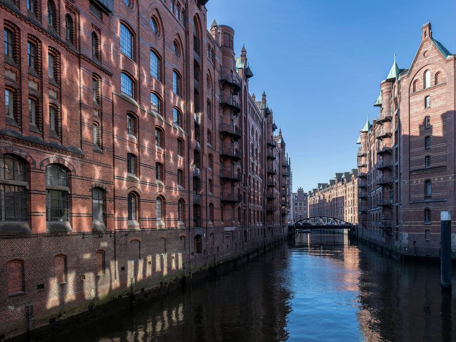 Scenic view of Hamburg Speicherstadt with red brick buildings and canal