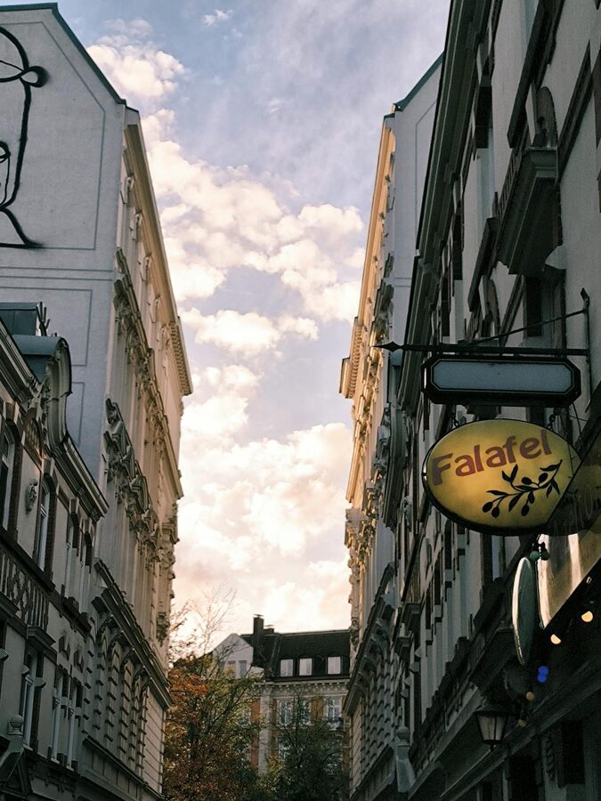 Quiet alley in St. Pauli Hamburg showing urban architecture and autumn sky