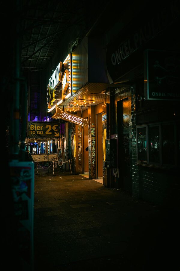 Illuminated signs and nightlife on the streets of St. Pauli Hamburg