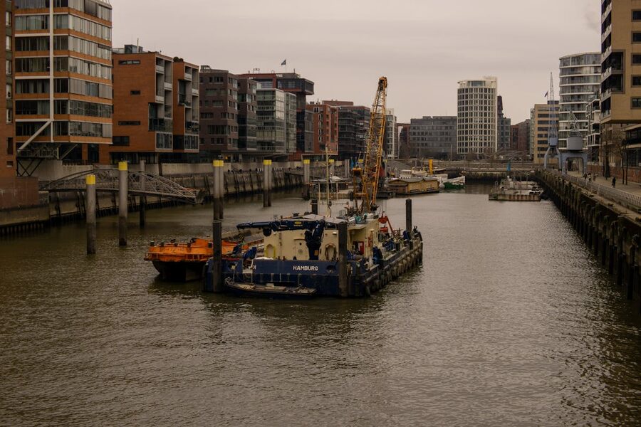 Modern buildings along the waterfront in Hamburg's HafenCity district