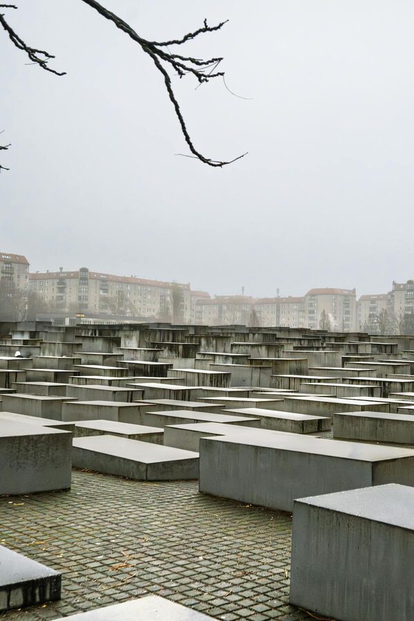 The Holocaust Memorial field of stelae on an overcast Berlin day