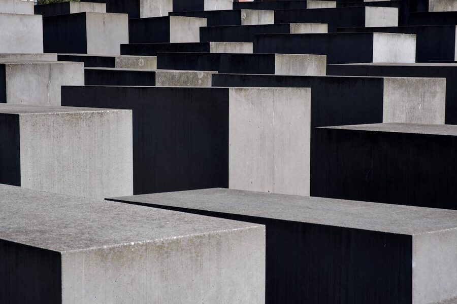 View through the concrete stelae of Berlin's Holocaust Memorial