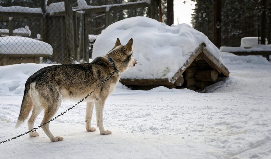 Sled dogs resting in snow