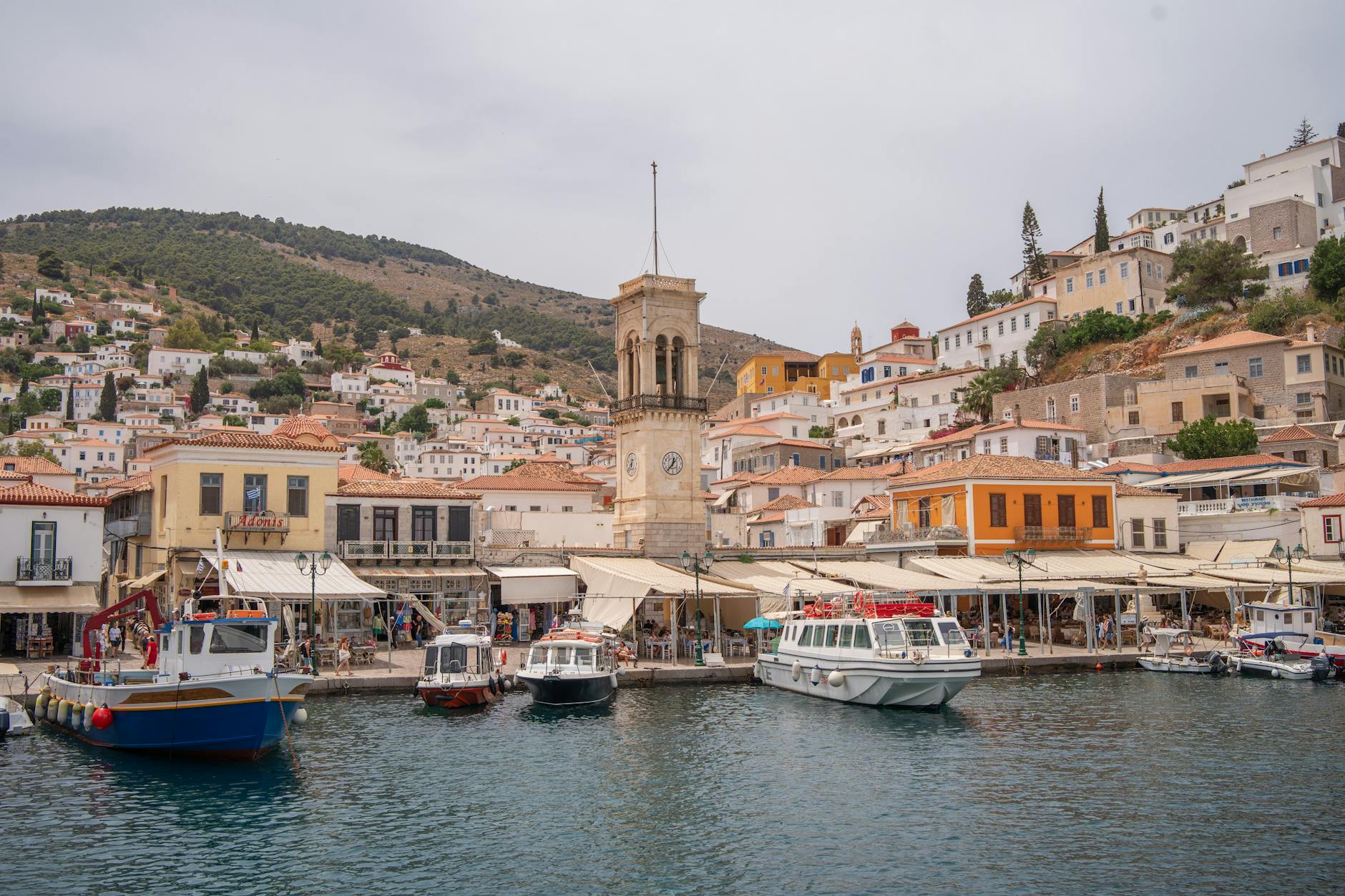 Boats moored in Hydra harbor