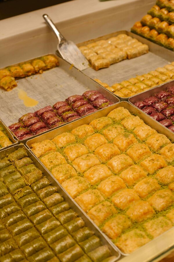 Assorted Turkish baklava varieties at a bakery in Istanbul