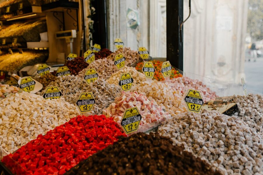 Colourful Turkish delight displayed at an Istanbul market stall