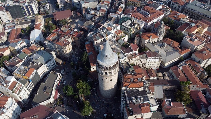 Aerial view of Galata Tower surrounded by Istanbul's dense architecture