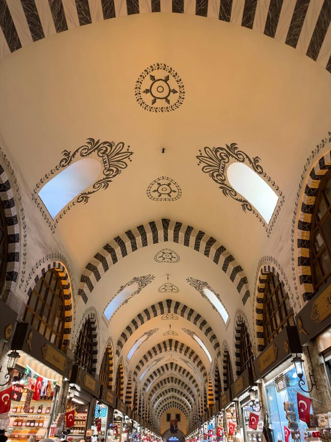 Arched ceiling of the Grand Bazaar in Istanbul with painted decorations