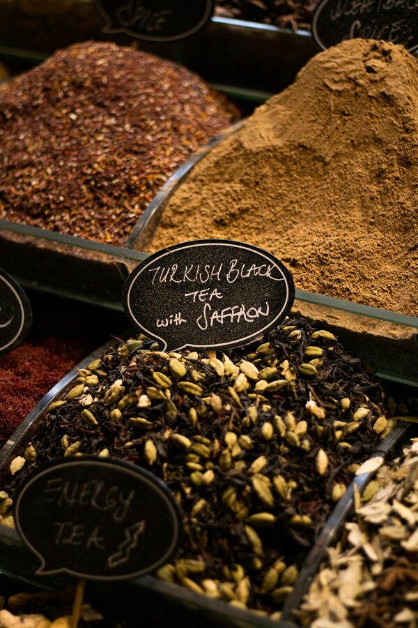 Turkish black tea with saffron displayed at the Spice Bazaar