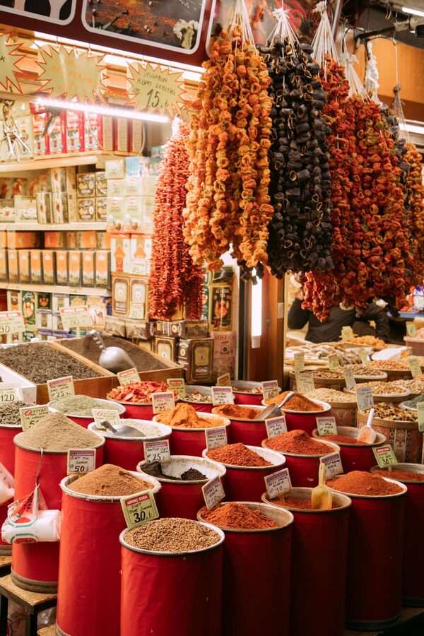 Colourful spice market in Istanbul with local herbs and dried goods