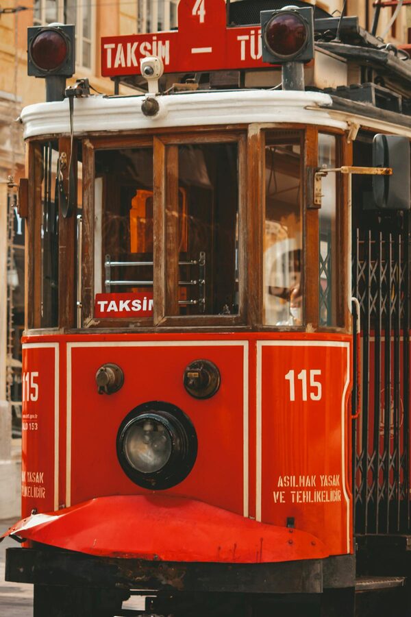 Iconic red tram in Taksim on Istiklal Street in Istanbul
