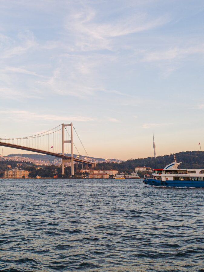 Ferry crossing the Bosphorus at sunset in Istanbul