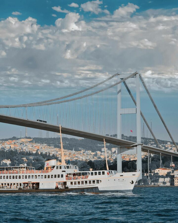 Ferry passing under the Bosphorus Bridge in Istanbul