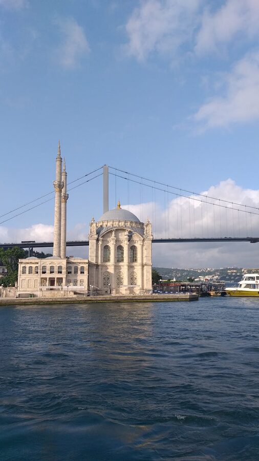 Ortakoy Mosque beneath the Bosphorus Bridge in Istanbul