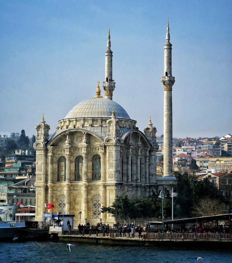 Ortakoy Mosque by the Bosphorus with bridge on a clear day in Istanbul