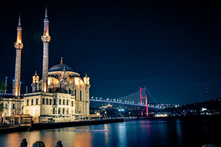 Ortakoy Mosque at night with Bosphorus Bridge illuminated