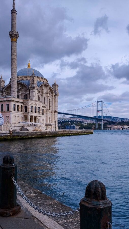 Ortakoy Mosque at twilight with Bosphorus Bridge