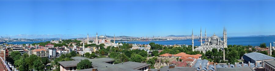 Istanbul panorama showing Hagia Sophia and Blue Mosque together on the skyline