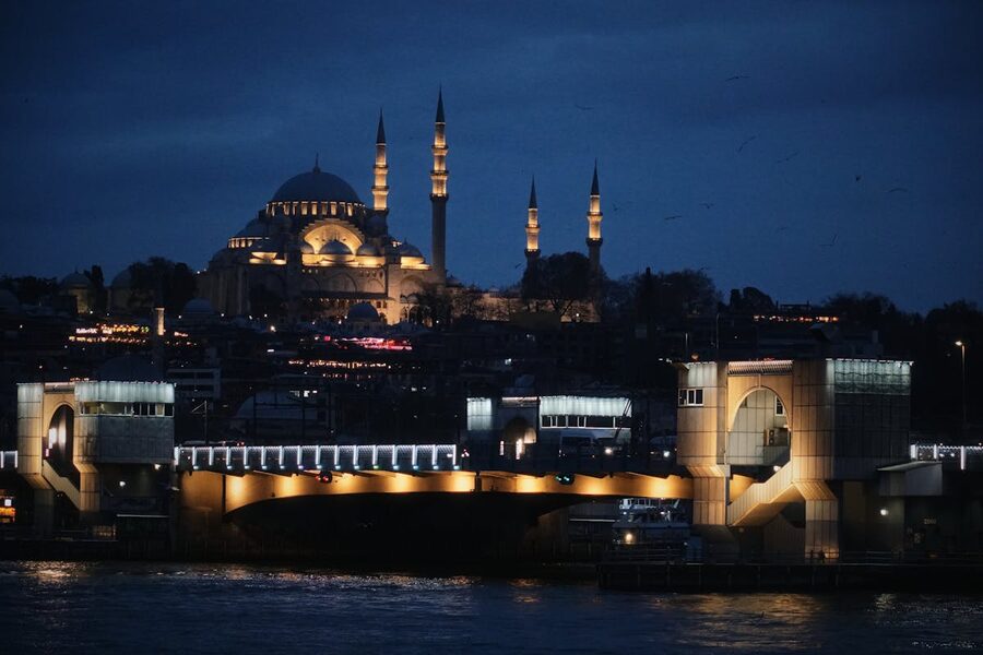 Suleymaniye Mosque illuminated at night in Istanbul