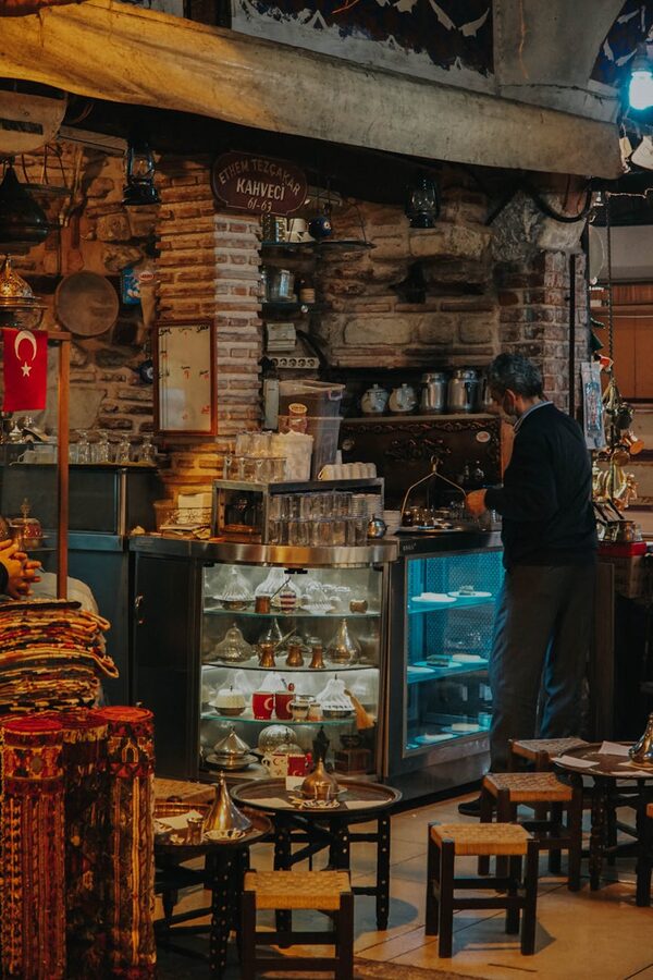 Interior of a traditional Turkish cafe in Istanbul with colorful decor