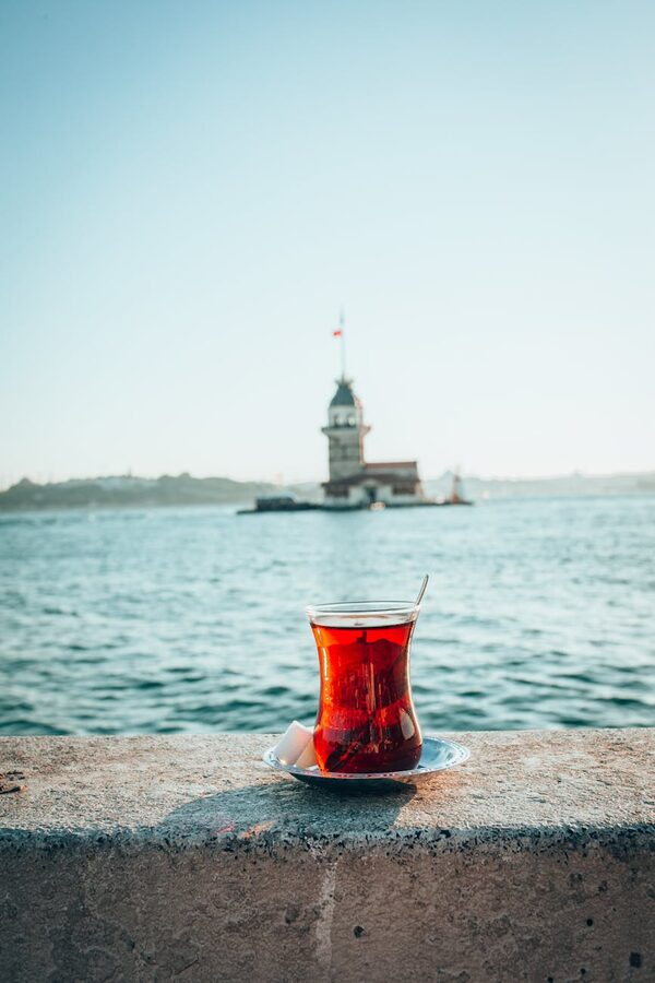 Turkish tea glass with Maiden's Tower across the Bosphorus