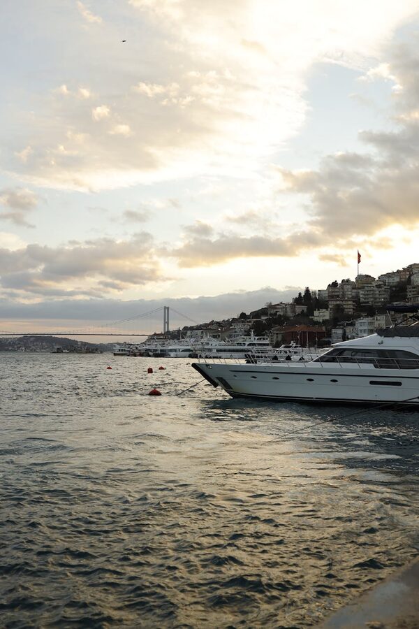 Yacht docked in Istanbul harbor at sunset
