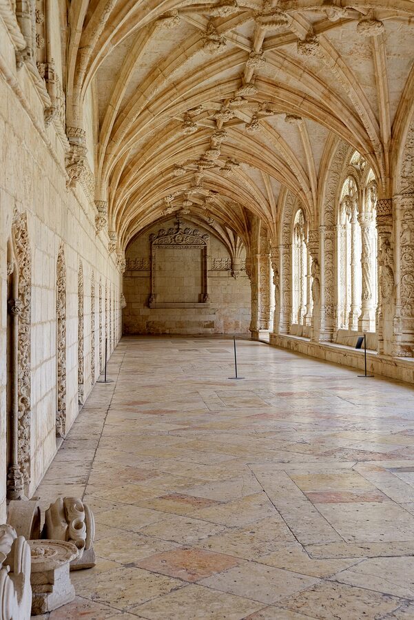 Jeronimos Monastery cloister arches and carved columns