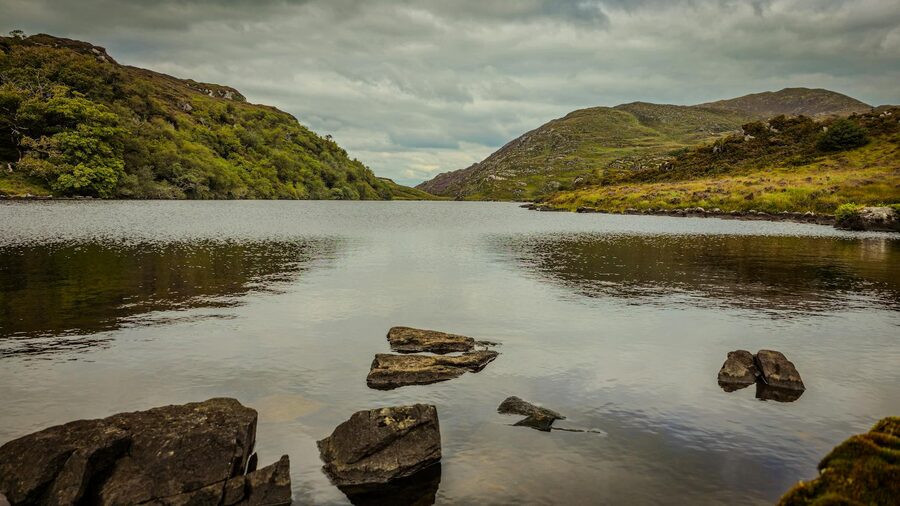 Killarney lake surrounded by green hills