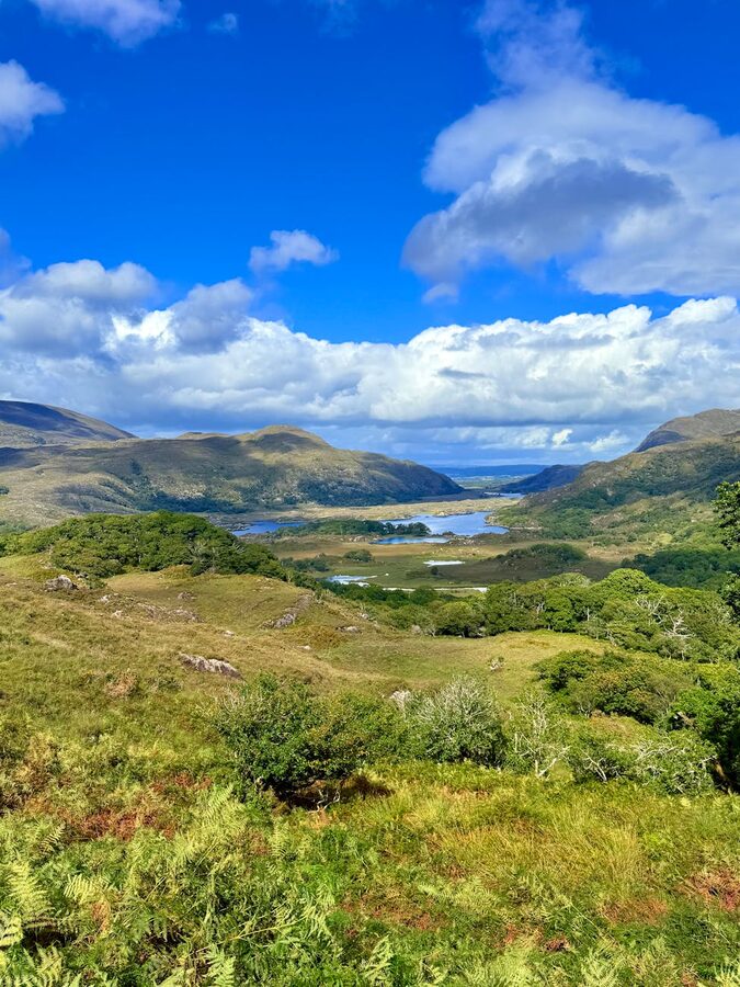 Panoramic view of valleys and lakes in Killarney National Park