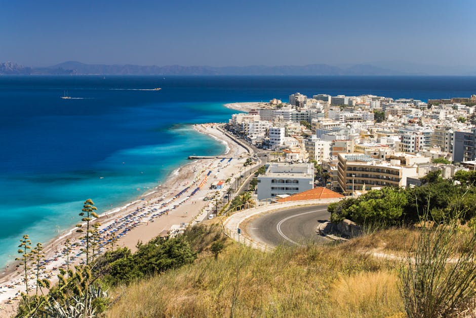 Kos Greek island landscape with blue sea in distance