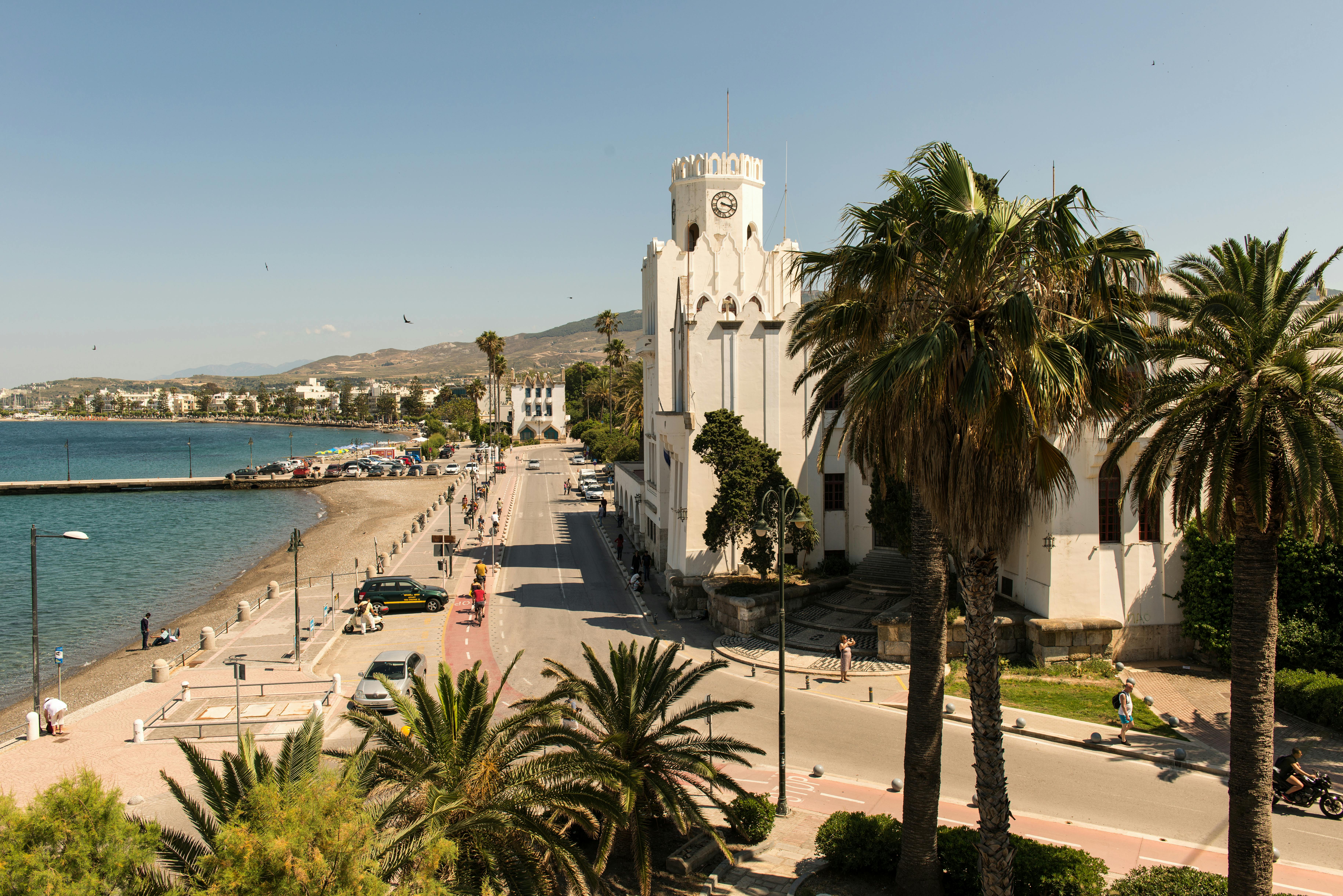 Street view in Kos Greece with palm trees