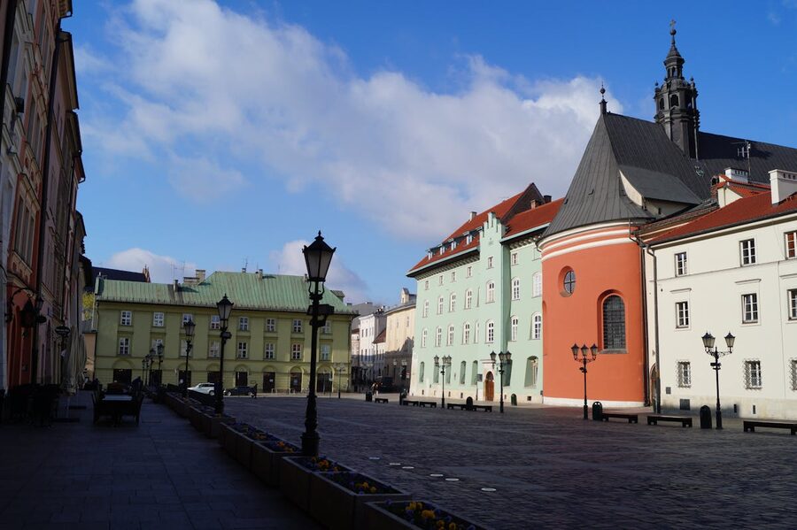 Krakow Small Market Square with colorful townhouses