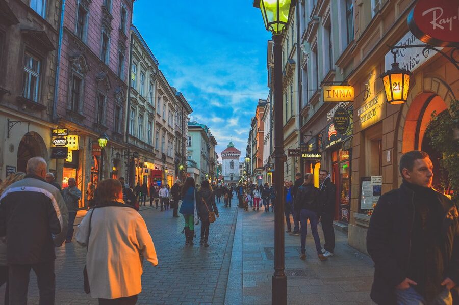European historic street with evening shoppers