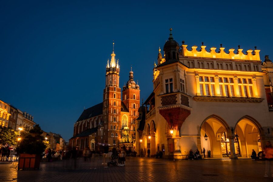 Krakow Main Square at night with St Marys Basilica