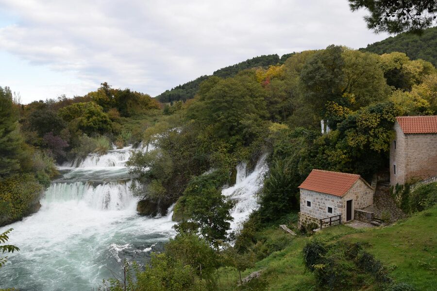 Stone buildings near waterfalls in Krka National Park