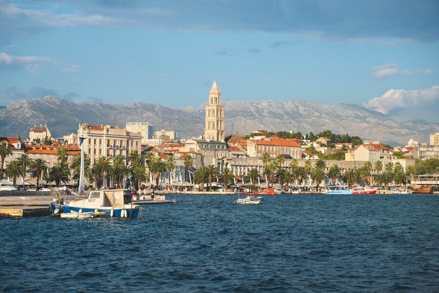 Split old town waterfront with mountains